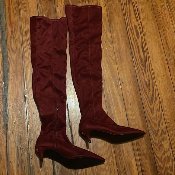 Zara | Shoes | Zara Basic Maroon Kitten Heel Over The Knee Boots | Poshmark